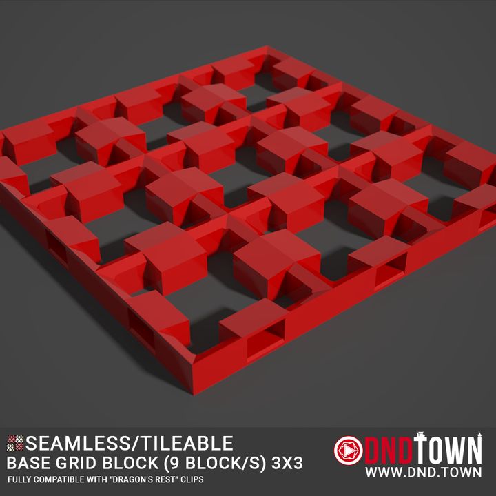 3D Printable Base Grid - Center 3x3 (9 Block/s) - (Low Profile - 38mm) - 3D Modular Dungeon ...